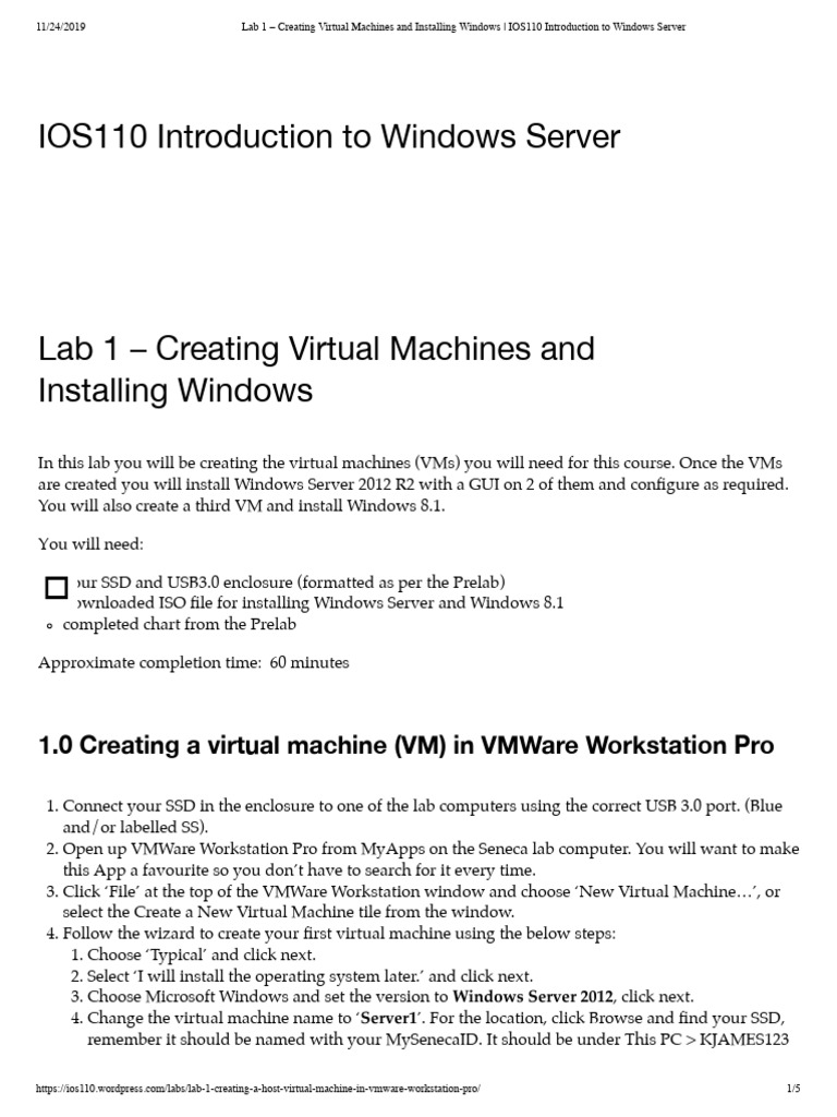 Lab 1 - Creating Virtual Machines and Installing Windows - IOS110 Introduction To Windows Server ...