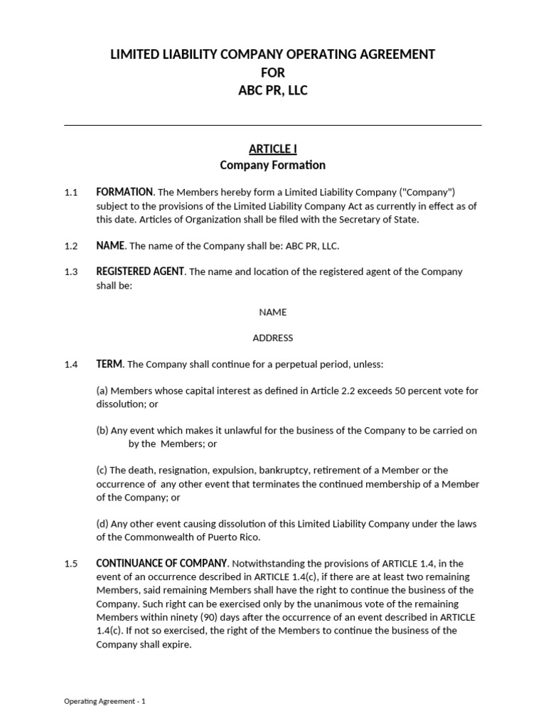 Operating Agreement LLC Long | PDF | Limited Liability Company | Indemnity