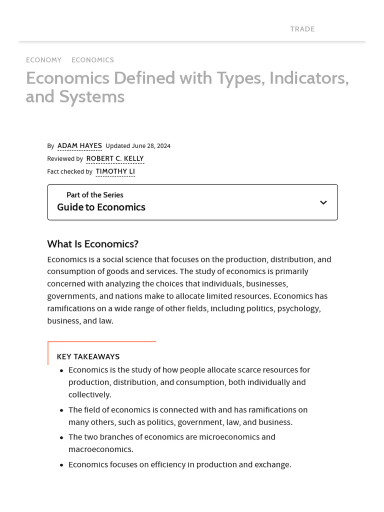 Economics Defined with Types, Indicators, and Systems | PDF | Economics ...