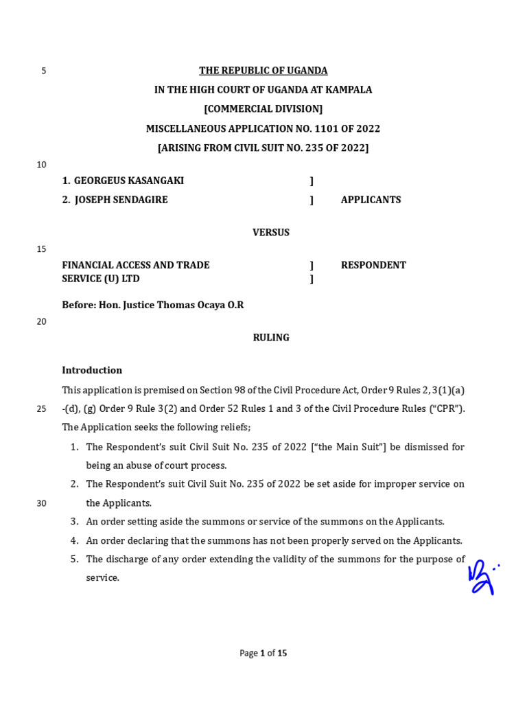 Dismissal Application in Kasangaki Case | PDF | Summons | Lawsuit