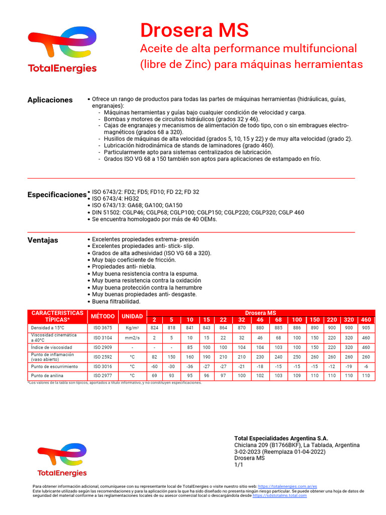 TDS_TotalEnergies_Drosera-MS-220_311_ES_ARG | PDF | Engranaje | Ingeniería mecánica