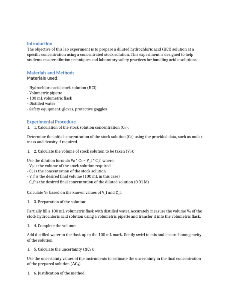 Lab Report Preparation of Diluted Solution Detailed Steps English | PDF | Science & Mathematics