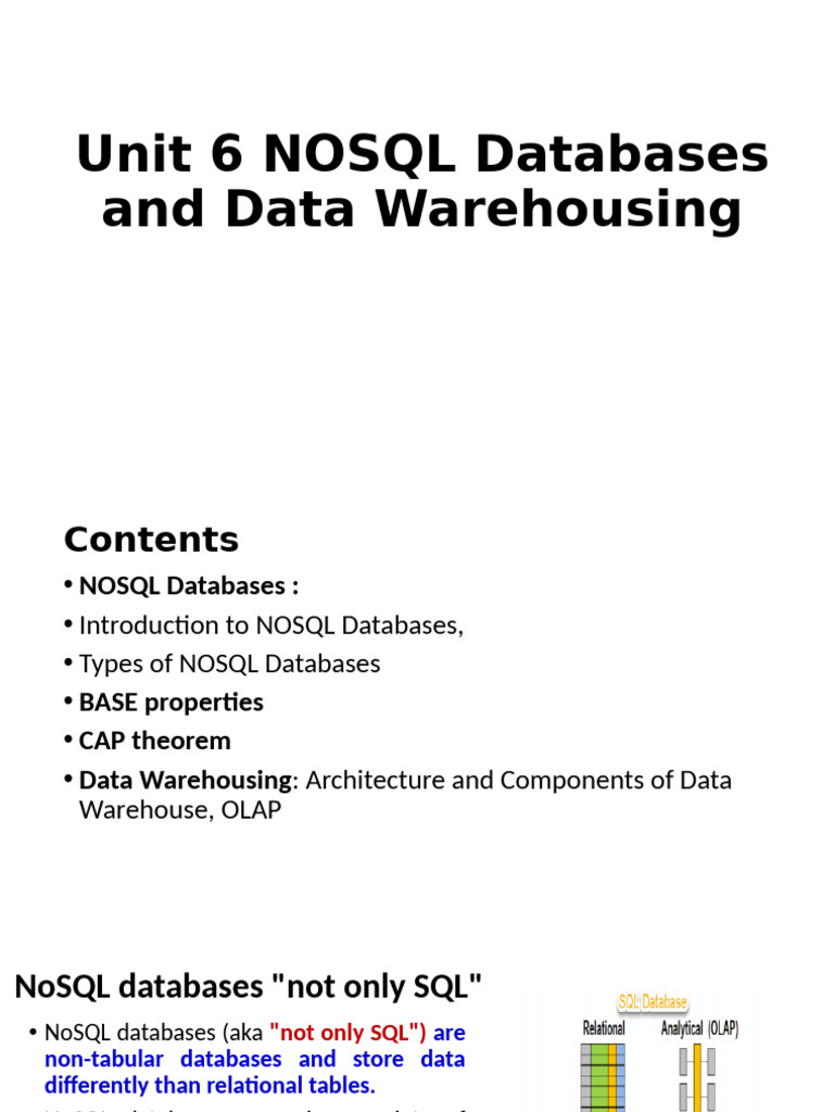 Unit 6 NOSQL Databases and Data Warehousing | PDF | No Sql | Data Warehouse Unit 6 NOSQL Databases and Data Warehousing | PDF | No Sql | Data Warehouse