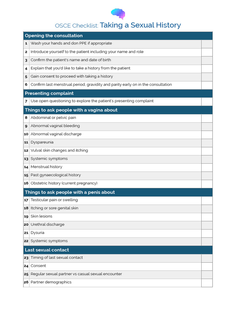 OSCE-Checklist-Sexual-History-Taking | PDF | Vagina | Medicine OSCE-Checklist-Sexual-History-Taking | PDF | Vagina | Medicine