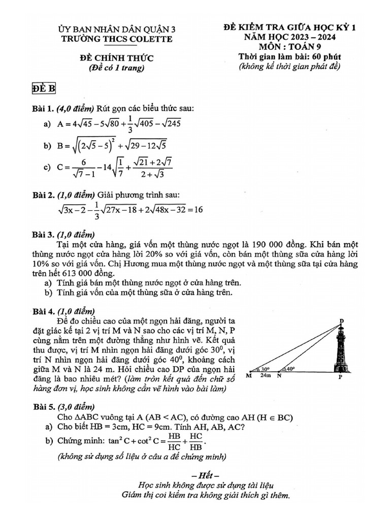 De Giua Hoc Ky 1 Toan 9 Nam 2023 2024 Truong Thcs Colette TP HCM | PDF
