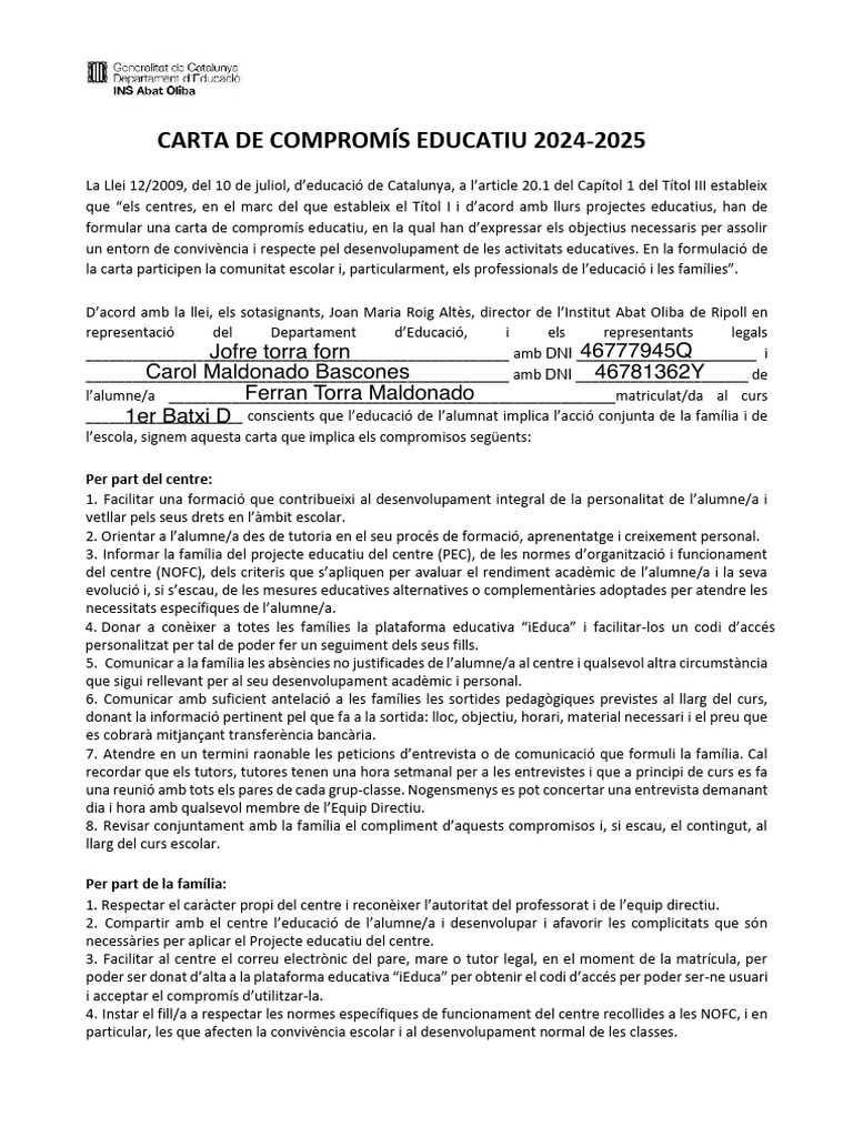 Carta de Compromís Educatiu 24-25 | PDF