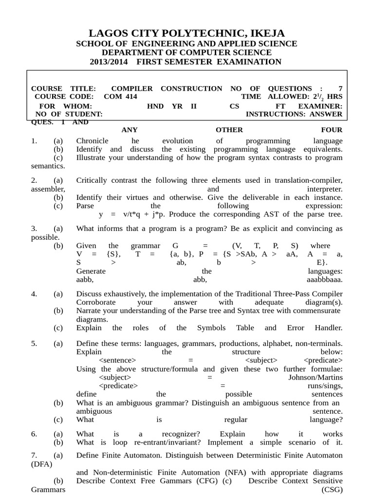 Com 414 HND Yr 11 FT Compiler Construction Cs 2 | PDF | Parsing | Compiler