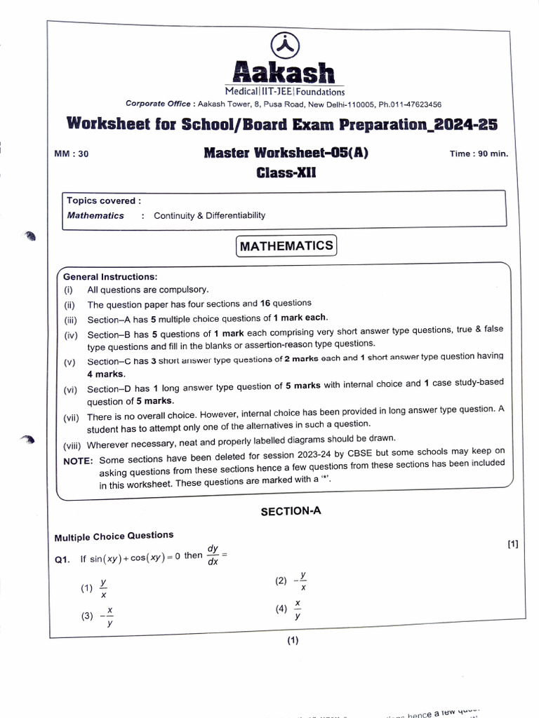Class 12 Exam Prep: Math Worksheet | PDF | Qualifications | Educational ...