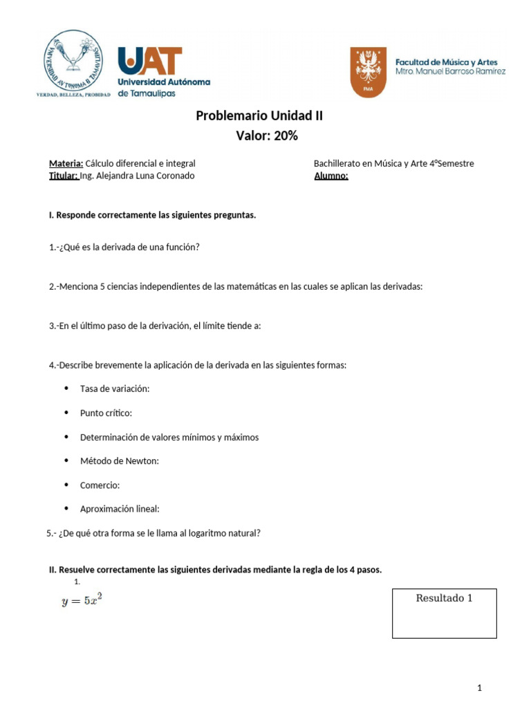 Problemario U2 Cálculo | PDF | Logaritmo | Derivado