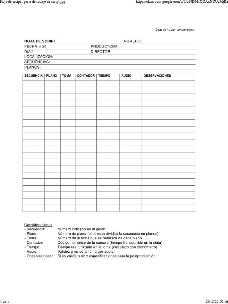 Hoja de Script Parte de Rodaje de Script - JPG | PDF