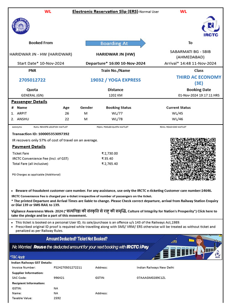 Yoga Express Third Ac Economy (3E) : WL WL | PDF | Identity Document