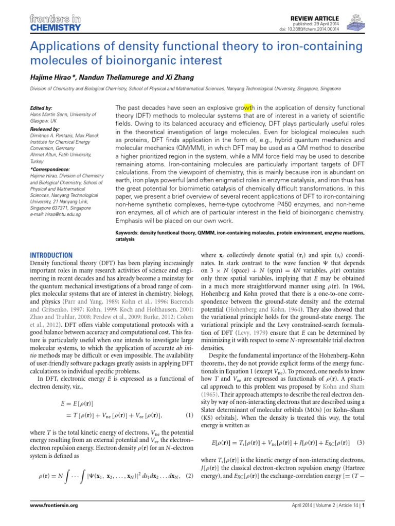 Applications of Density Functional Theory To Iron | PDF | Density Functional Theory | Enzyme ...