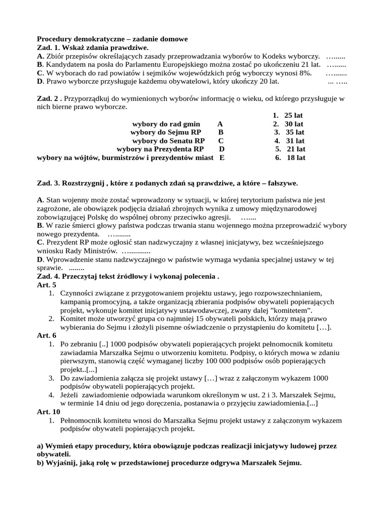 Procedury Demokratyczne - Zadanie Domowe | PDF