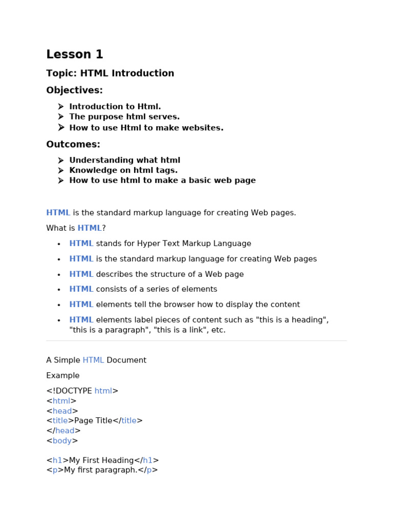 Lesson 1 Introduction to HTML | PDF | Html | Html Element