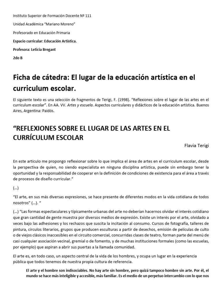 Ficha de Cátedra TERIGI - El Lugar de La Educación Artística en El ...