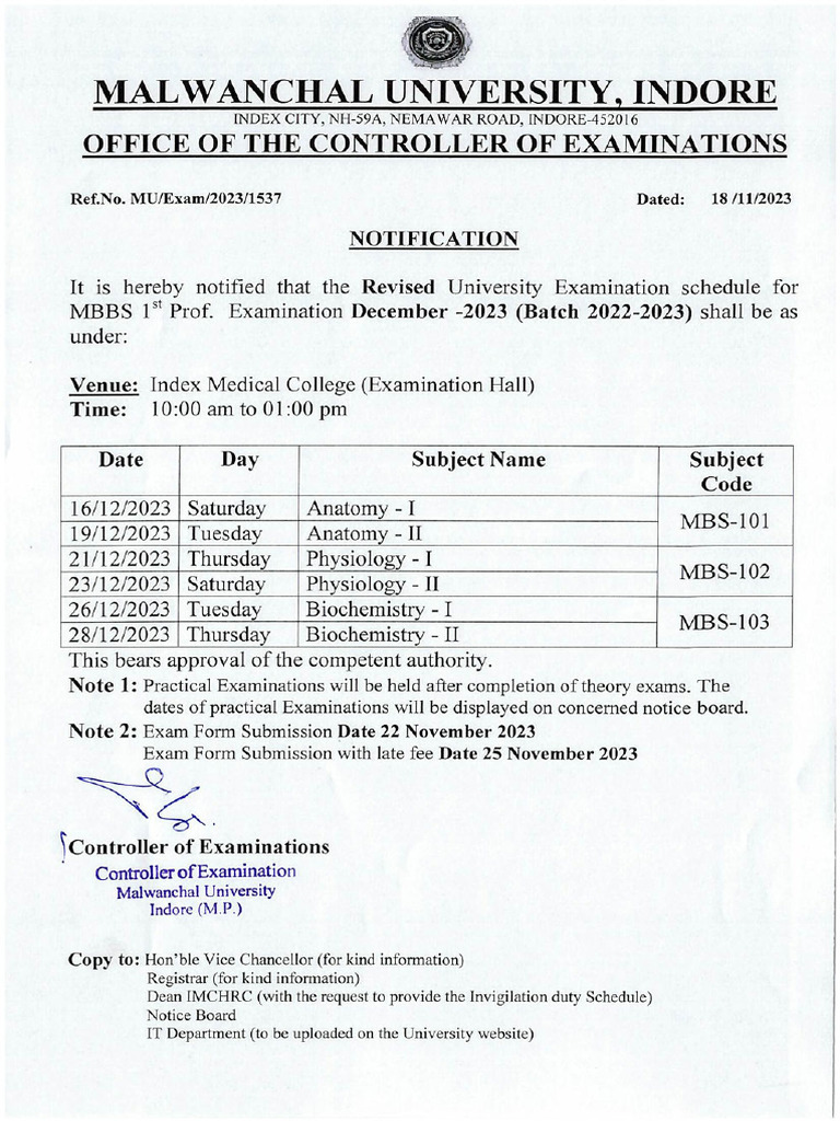 Revised Time Table Schedule of 1st Prof. MBBS Theory Examination ...