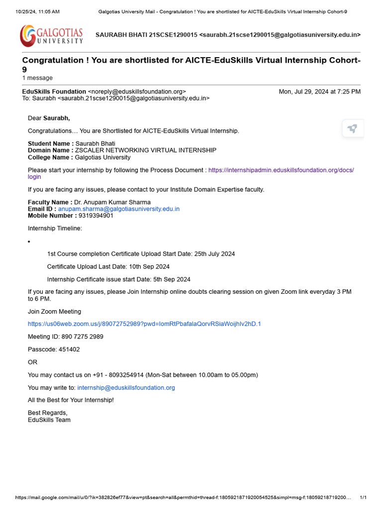 Galgotias University Mail - Congratulation ! You Are Shortlisted For ...