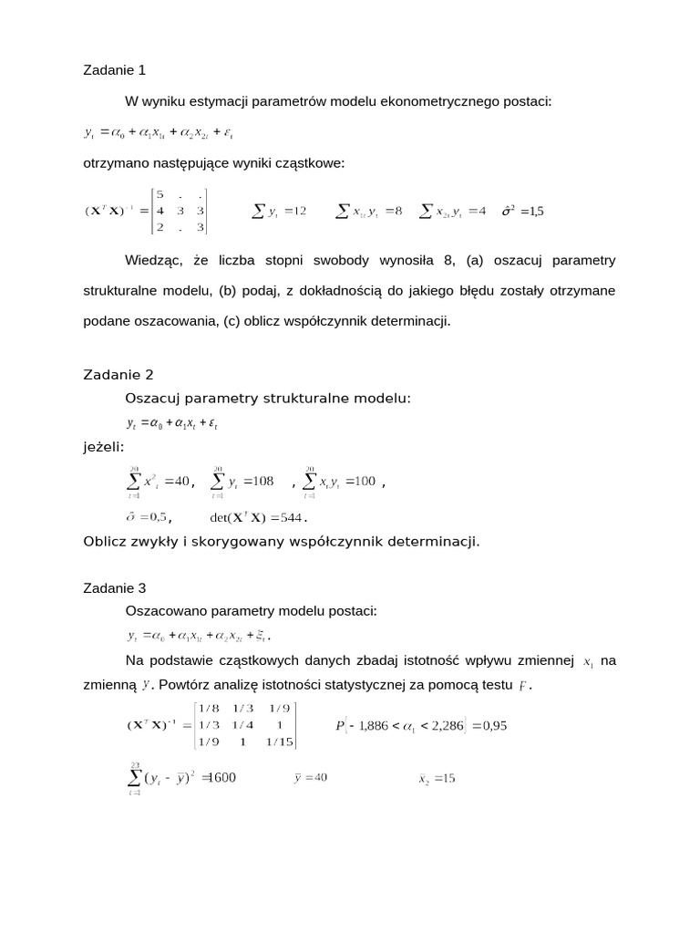 Podstawy Ekonometrii Zadania 1 | PDF