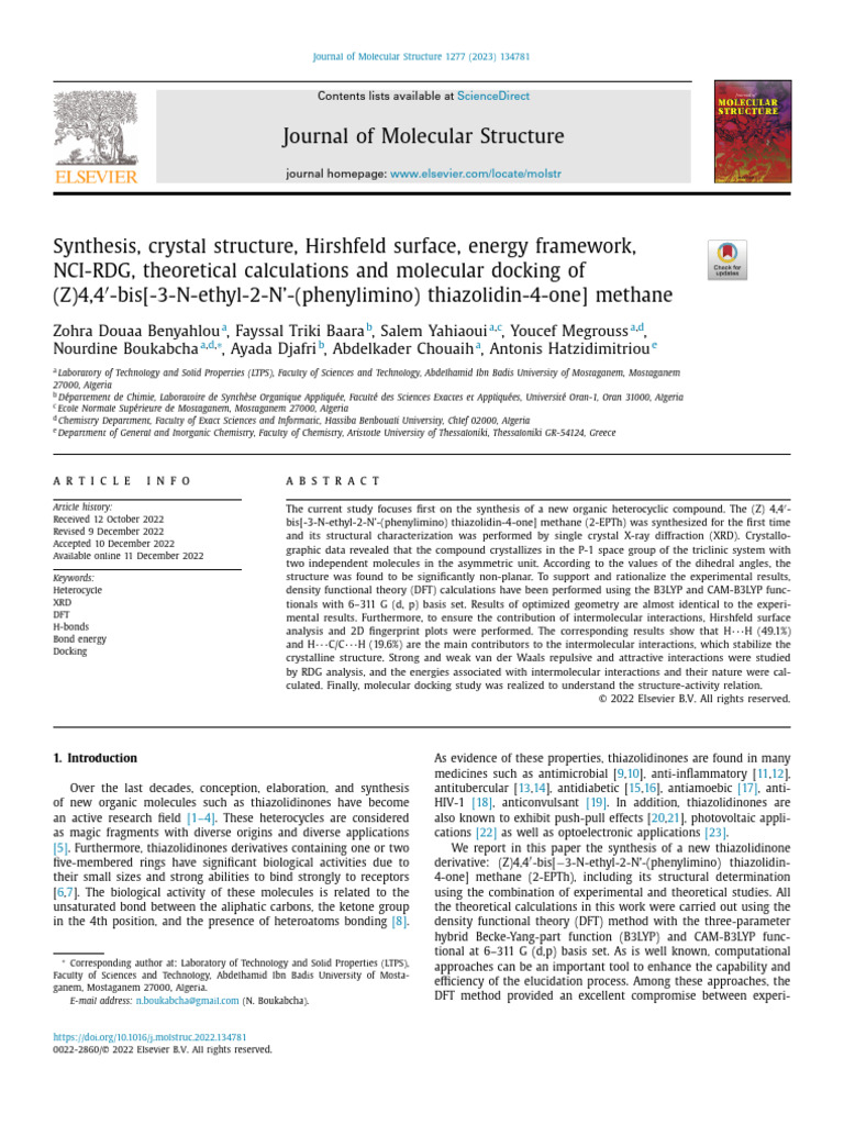 Synthesis-crystal-structure-Hirshfeld-surface-energy-frame-NCI-RDG, Theoretical Calculations and ...