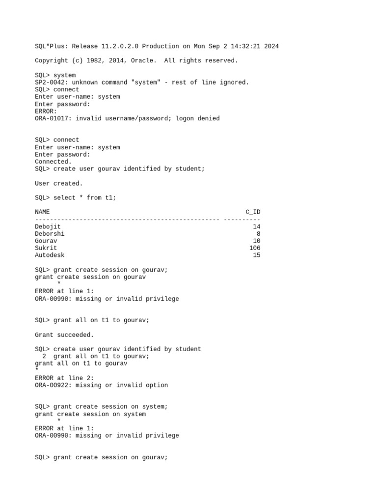 SQL*Plus User Management Errors and Commands | PDF