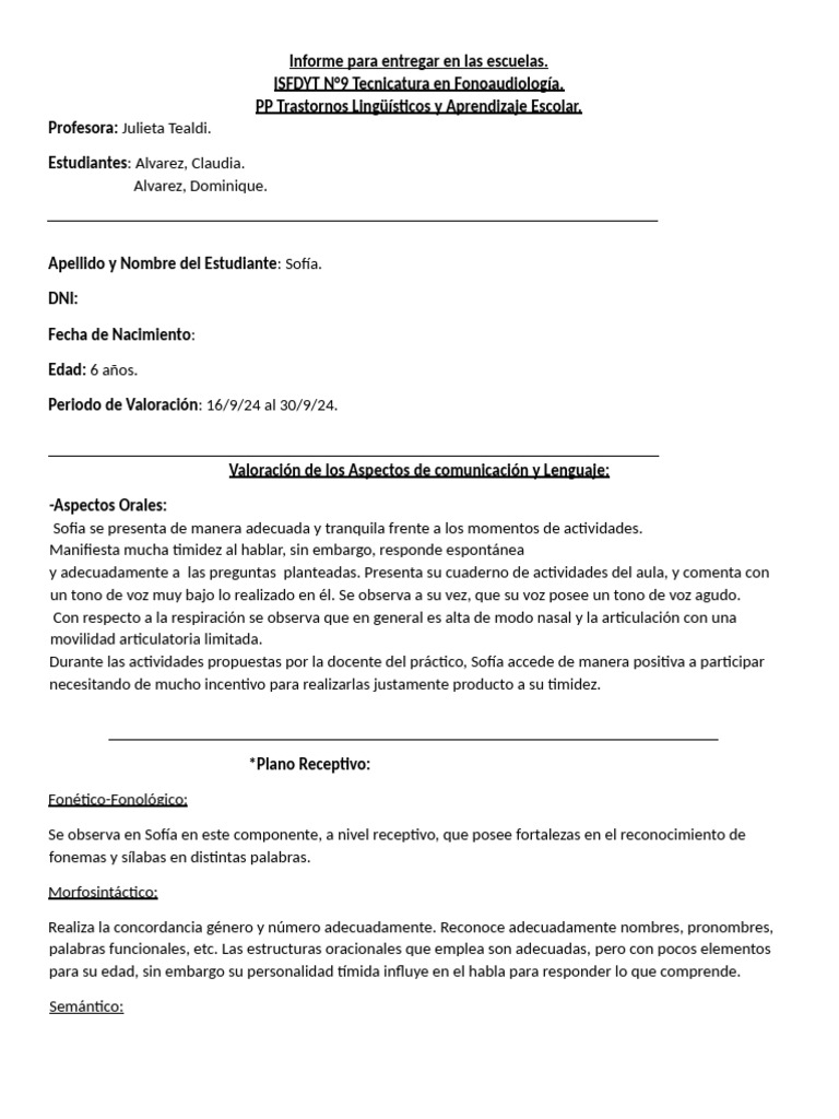 Informe para Entregar en Las Escuelas de Sofia | PDF | Palabra | Oración (Lingüística)