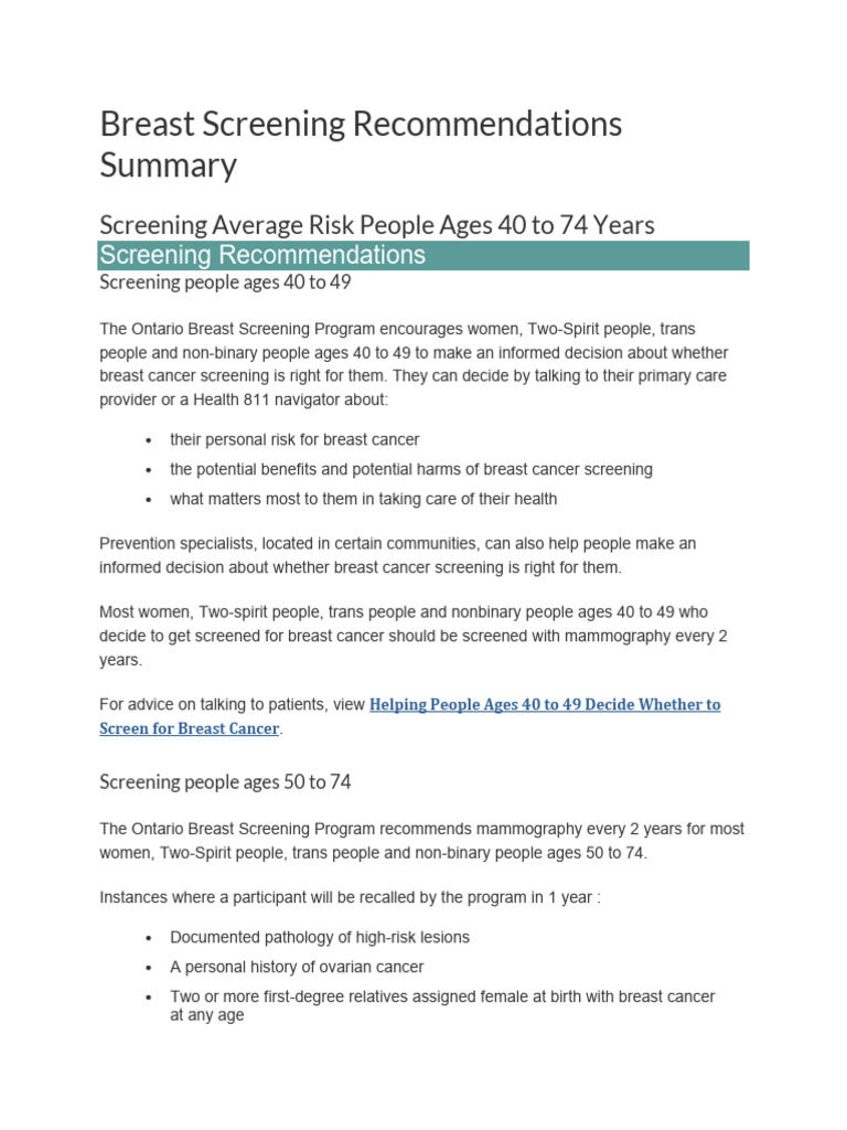 article 1 Breast Screening Recommendations Summary | PDF | Mammography ...
