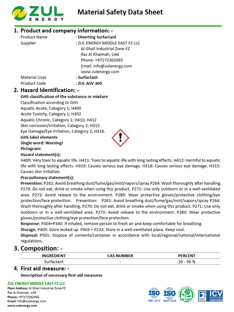 Diverting Surfactant - Zul Asv 300 - Zul Msds | PDF | Waste Management | Waste