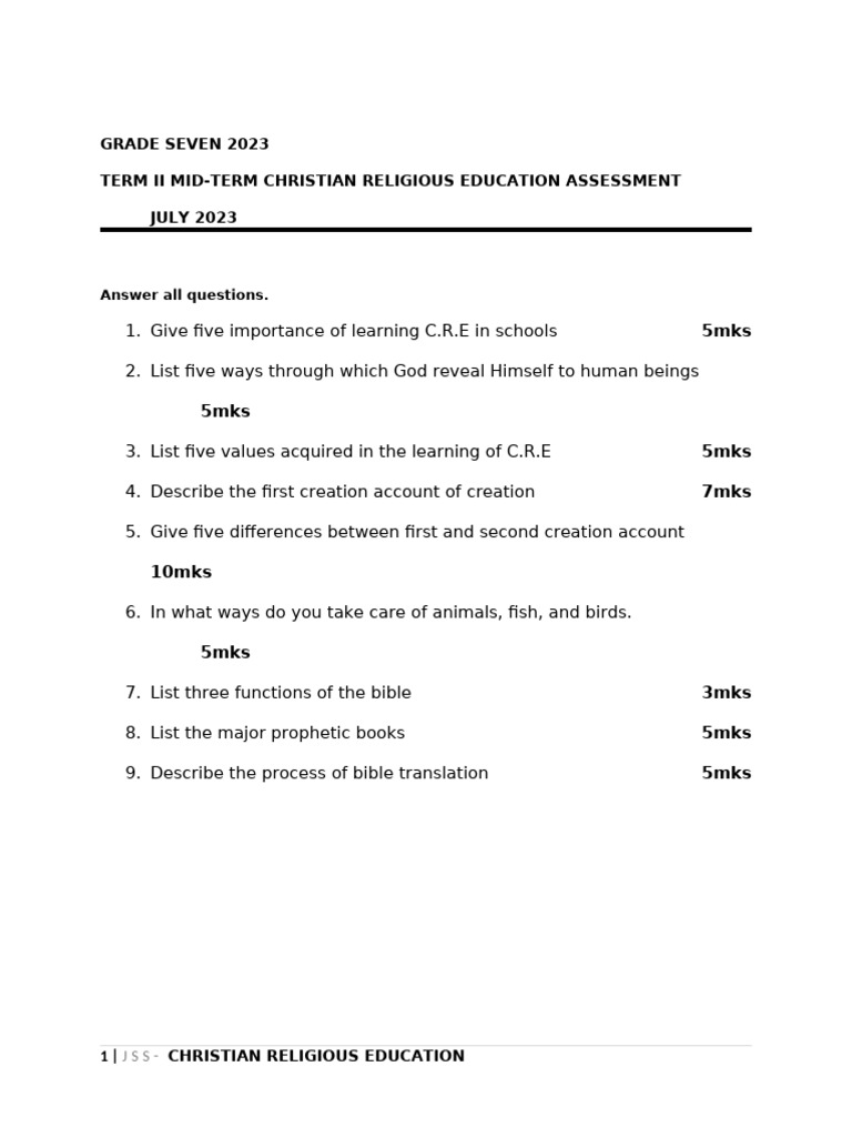 Christian Religious Education Assessment | PDF