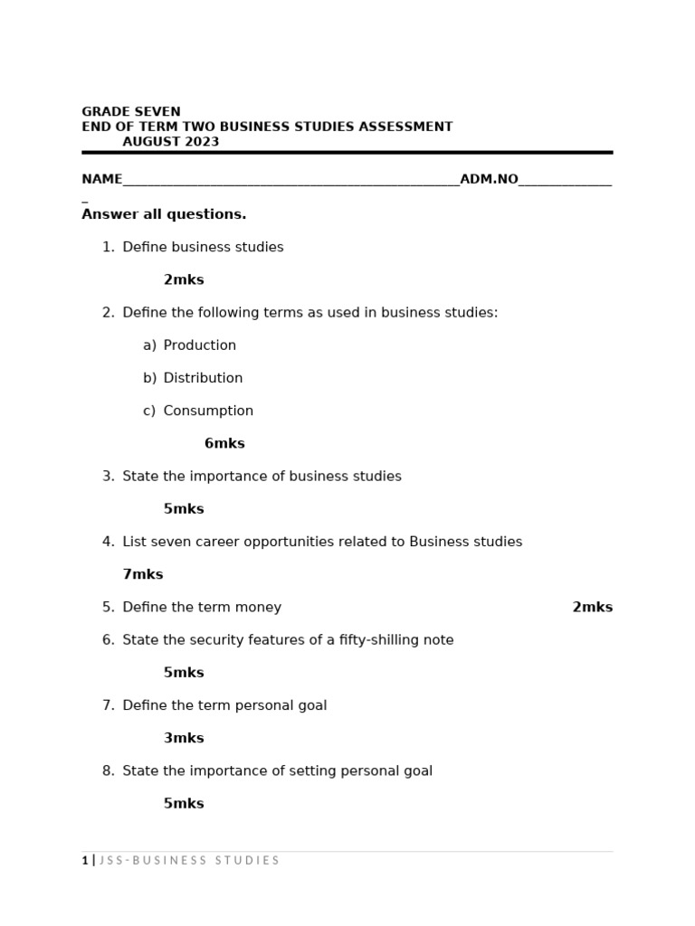 Grade 7 Business Studies Exam | PDF