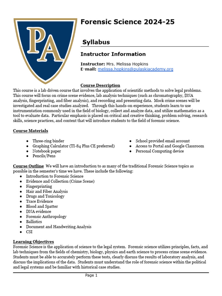 Forensic Science Syllabus 2024-2025 Hopkins | PDF | Forensic Science ...