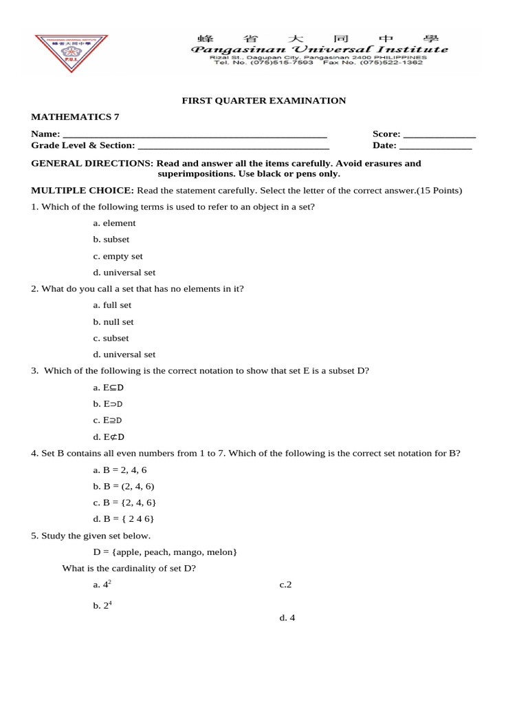Grade 7 First Quarter Exam | PDF | Empty Set | Set (Mathematics)