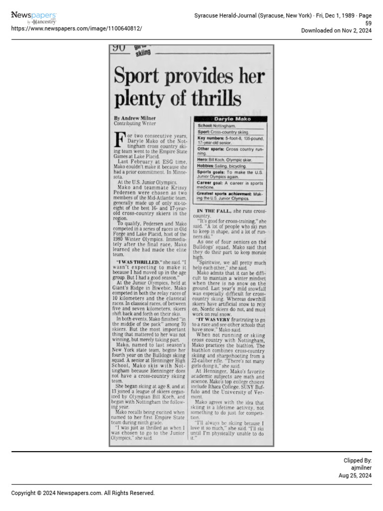 Daryle Mako Profile, 1989 Syracuse Herald Journal | PDF
