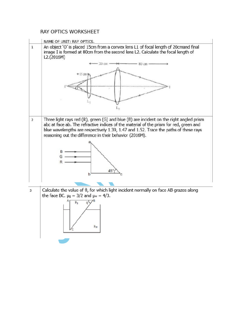 Ray Optics Worksheet | PDF