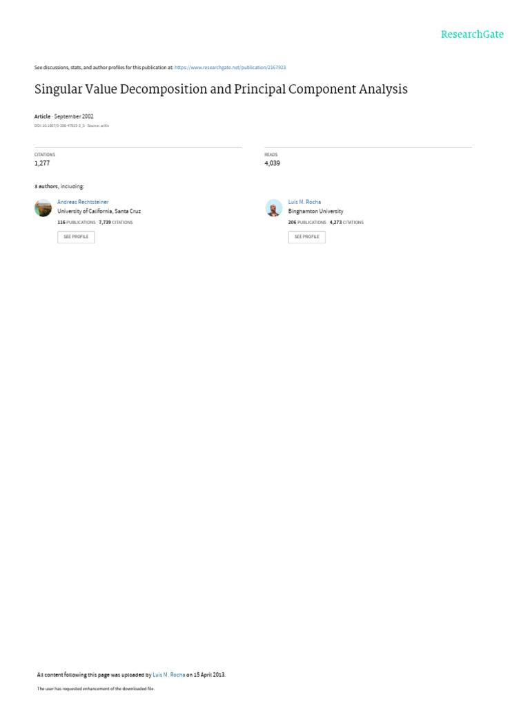 Singular Value Decomposition and Principal Component Analysis | PDF | Principal Component ...