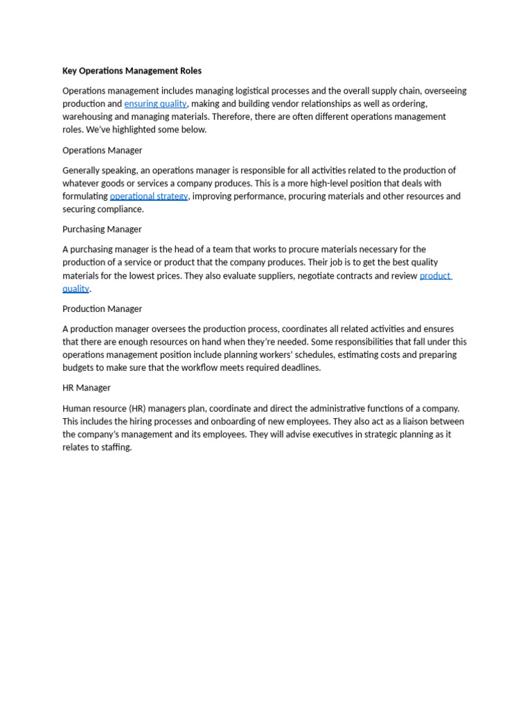 Key Roles in Operations Management | PDF | Business