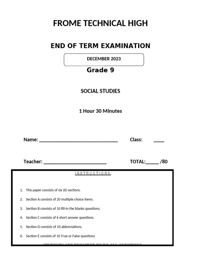 Grade 9 Social Studies End Term Exam | PDF | Social Science | Travel