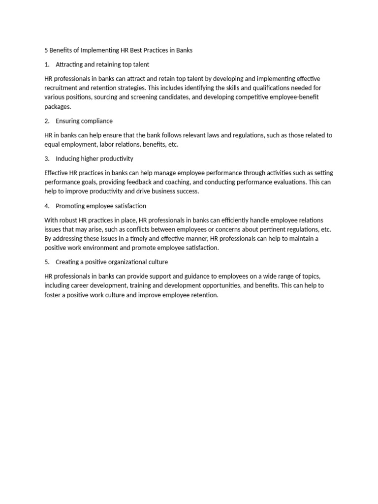 HR Best Practices Benefits for Banks | PDF | Career & Growth | Business