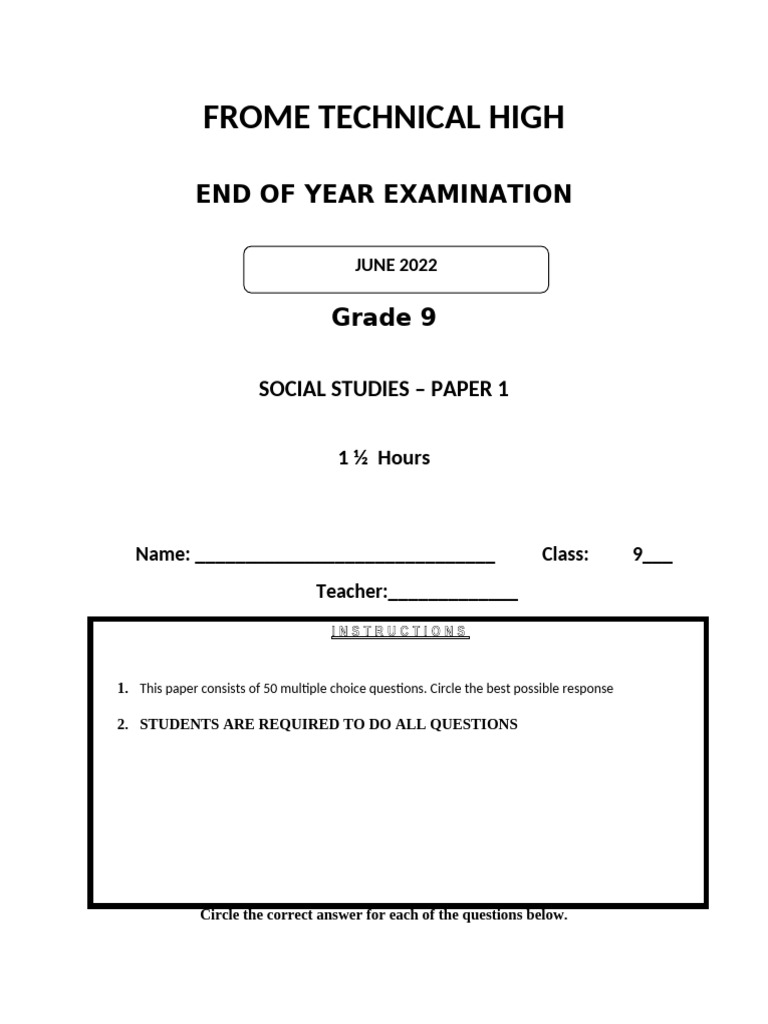 Grade 9 Multiple Choice Social Studies Exam 2022 | PDF | Government