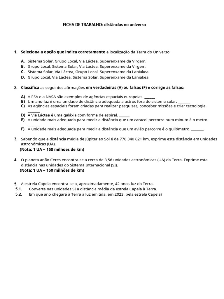 Ficha Fisico Quimica 7 Ano Distancias No Universo | PDF | Métodos e Materiais de Ensino | Juvenil