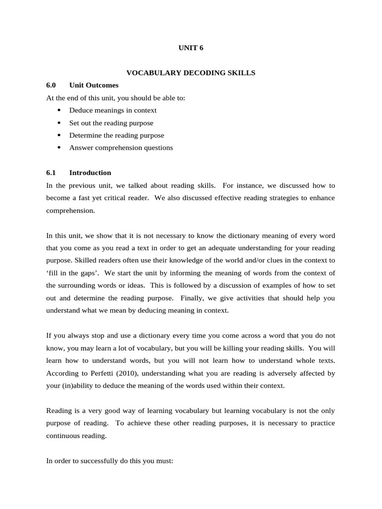 UNIT 6 - Vocabulary Decoding Skills | PDF | Reading Comprehension