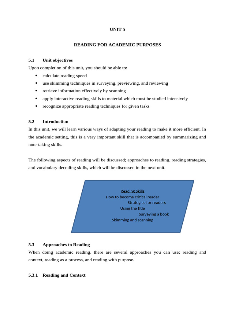 Unit 5 - Reading For Academic Purposes | PDF | Speed Reading | Reading Comprehension