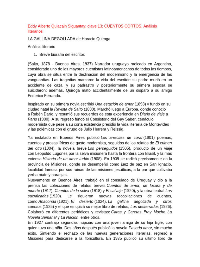 LA GALLINA DEGOLLADA de Horacio Quiroga | PDF | Cociente de inteligencia