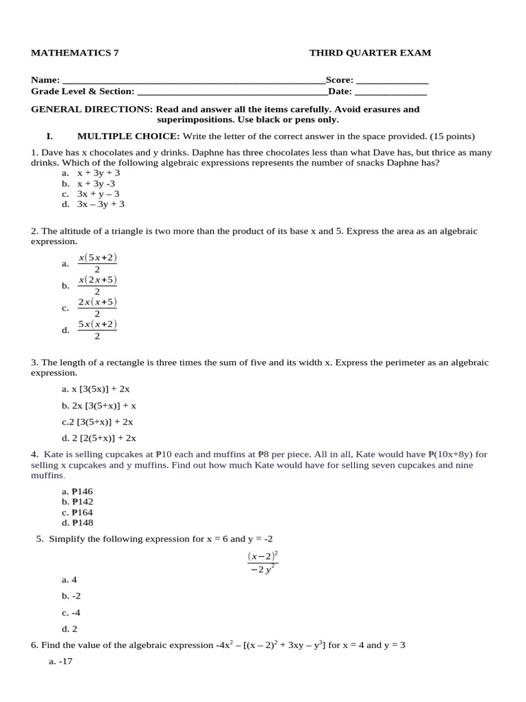 Math 7 - 3rd Quarter Examination | PDF | Length | Area