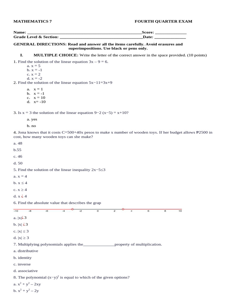 Math 7 - 4th Quarter Examination | PDF | Equations | Inequality ...