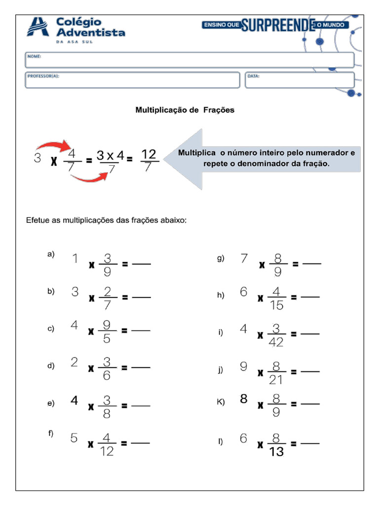 Atividade de Fixação de Matemática - Multiplicação de Frações | PDF