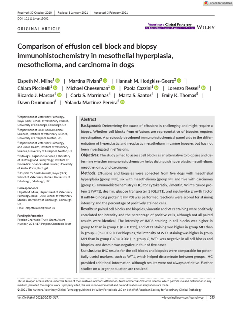 Veterinary Clinical Pathol - 2021 - Milne - Comparison of Effusion Cell ...
