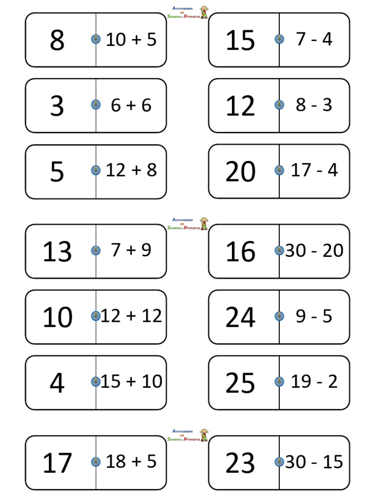 Dominó de Sumas y Restas para Imprimir | PDF