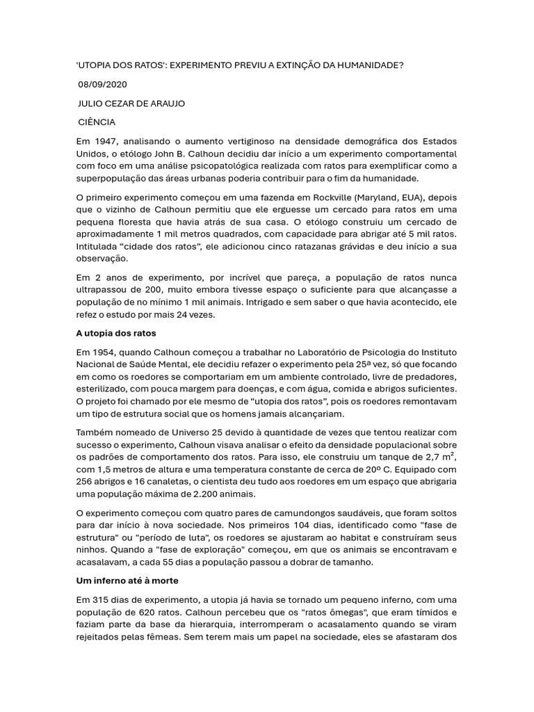 Utopia dos Ratos: O Experimento de Calhoun | PDF | Rato | Morte