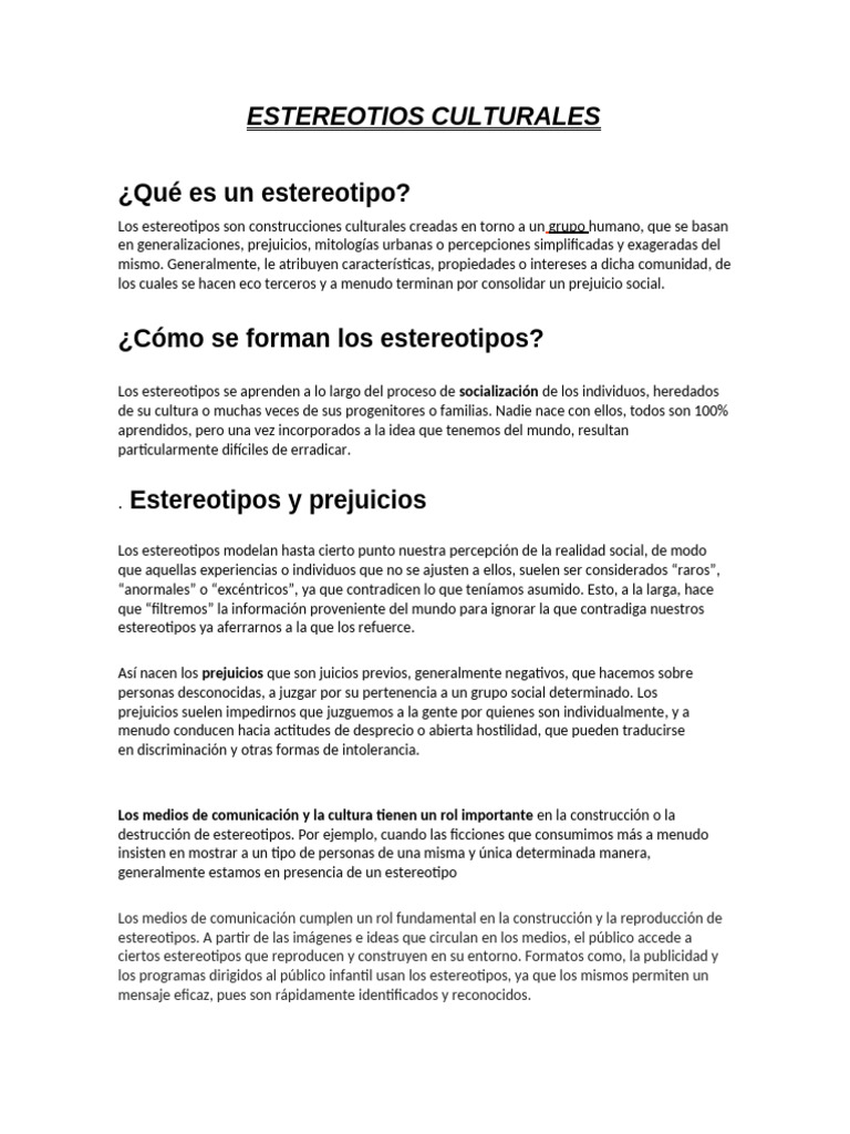 Estereotipos Culturales y Prejuicios Sociales | PDF | Estereotipos ...