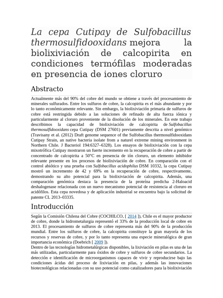 La Cepa Cutipay de Sulfobacillus Thermosulfidooxidans | PDF | Cobre ...